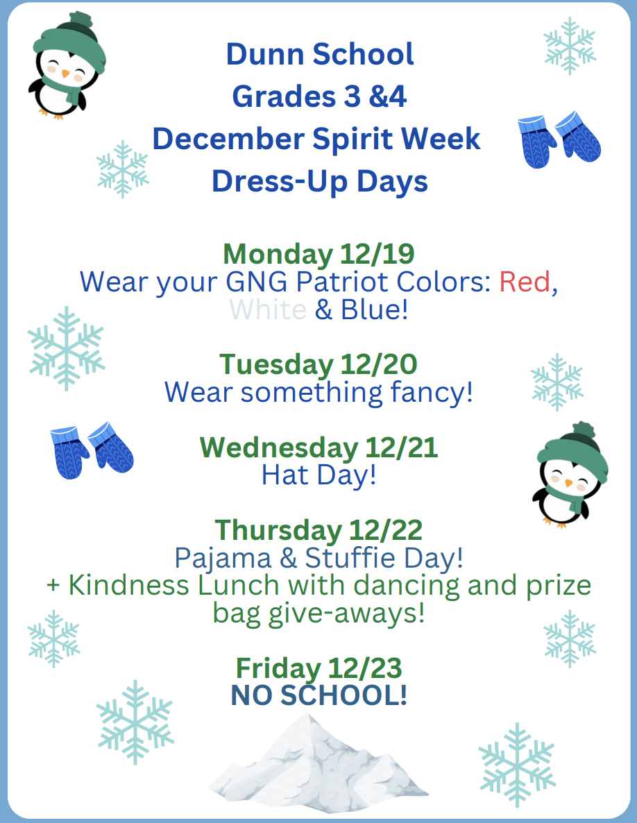 Dunn School Spirit Week Grades 3 & 4, December 19th through December ...