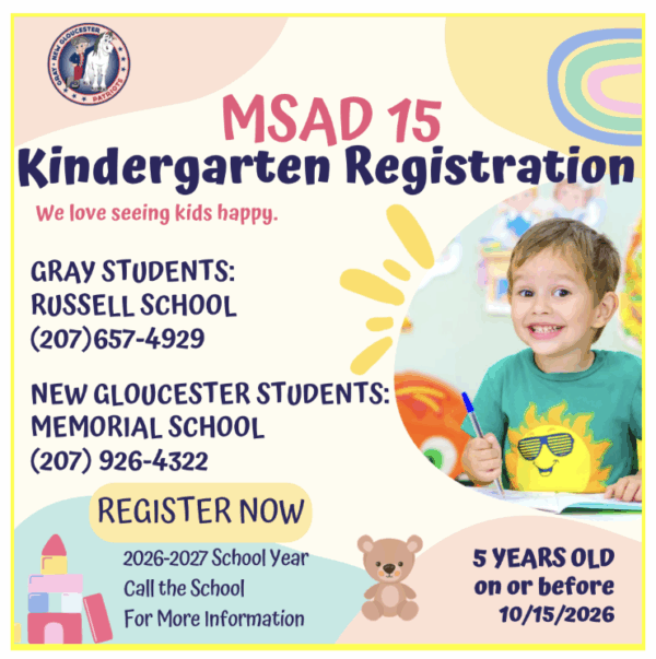 MSAD 15 Pre-K & Kindergarten Pre-Registration – Fall 2026 – MSAD15